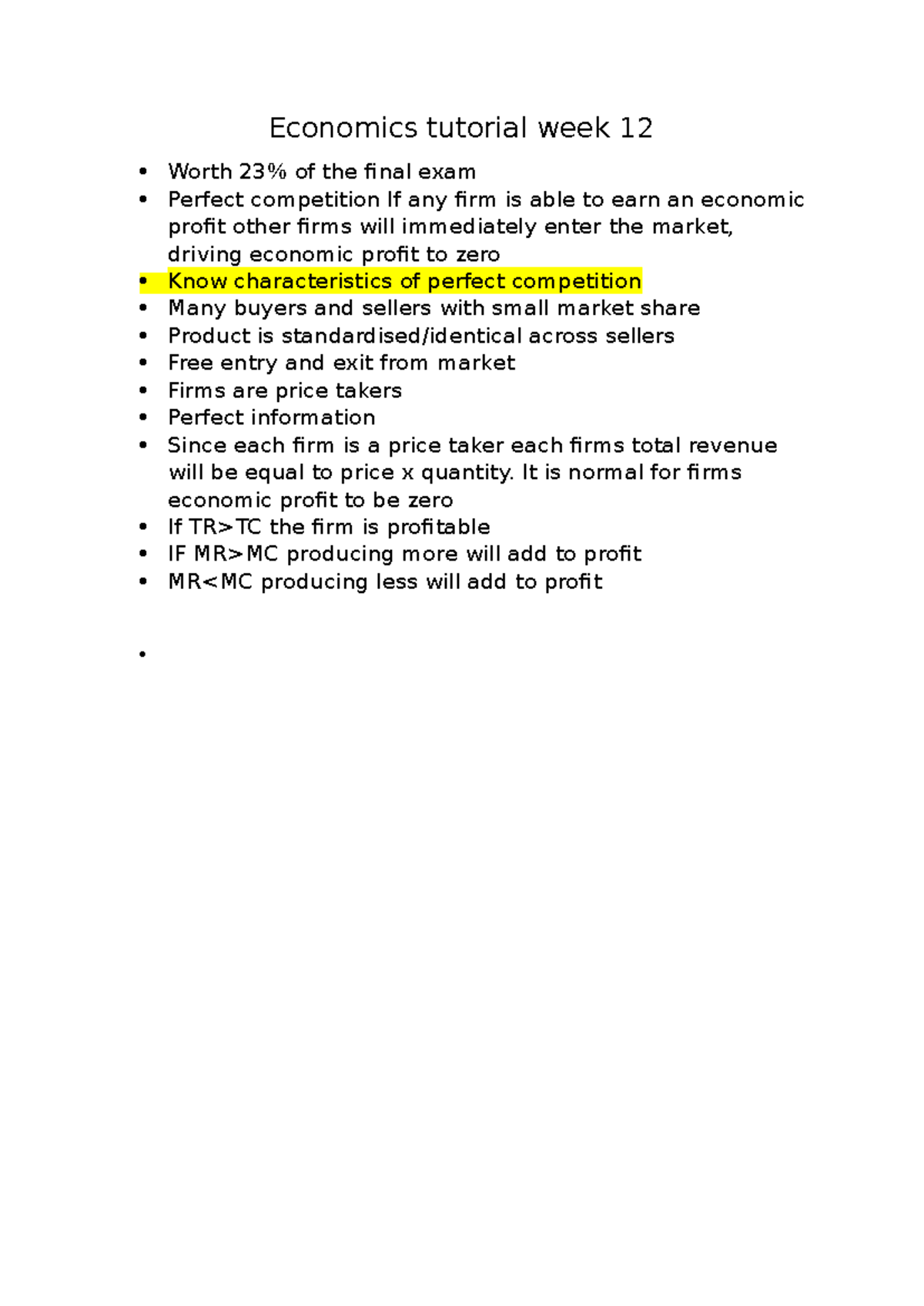 Economics tutorial week 12 notes - Economics tutorial week 12 Worth 23% ...
