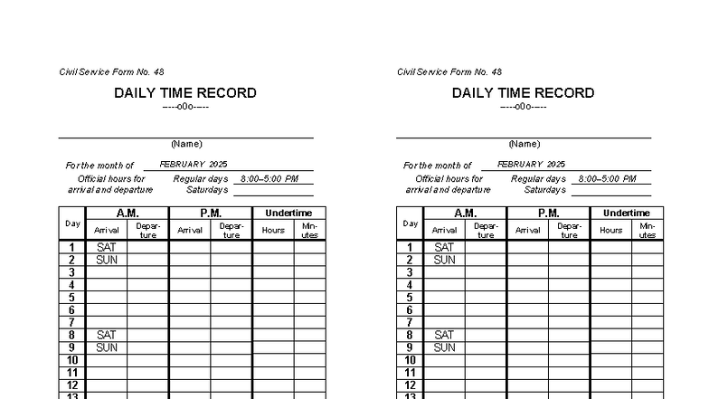 Civil Service Form No. 48: Daily Time Record - February 2025 - Studocu