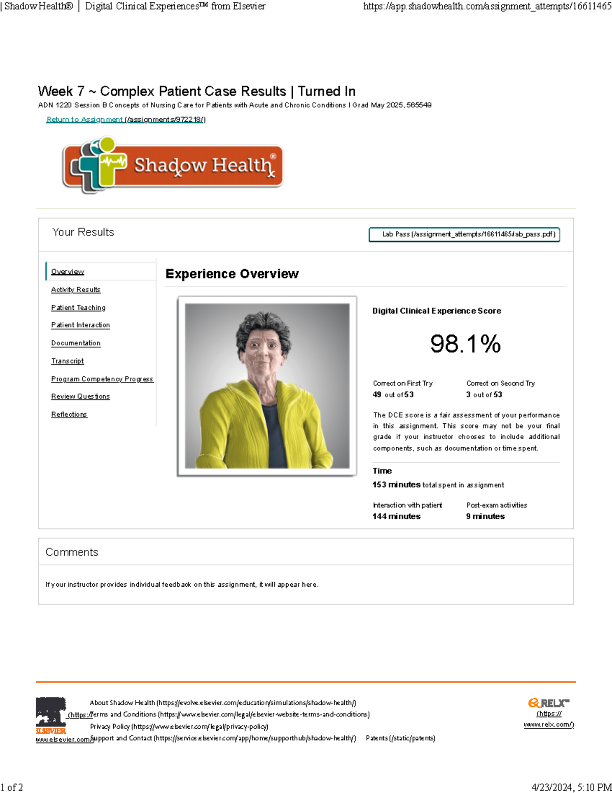 ADN 1220 Week 7 Complex Patient Case Overview: Doris Turner Results ...