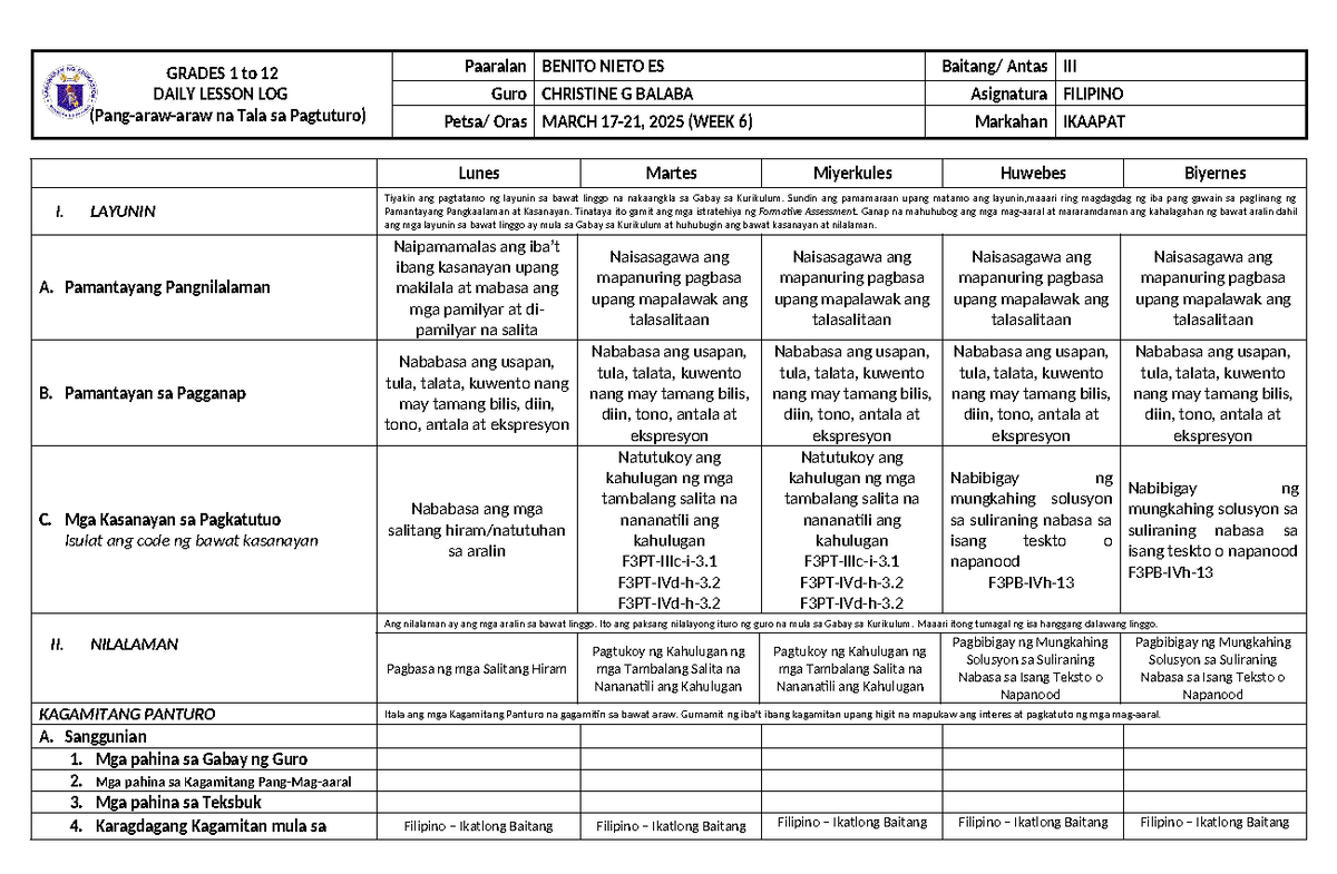 FIL W6Q4 - dll - GRADES 1 to 12 DAILY LESSON LOG (Pang-araw-araw na ...