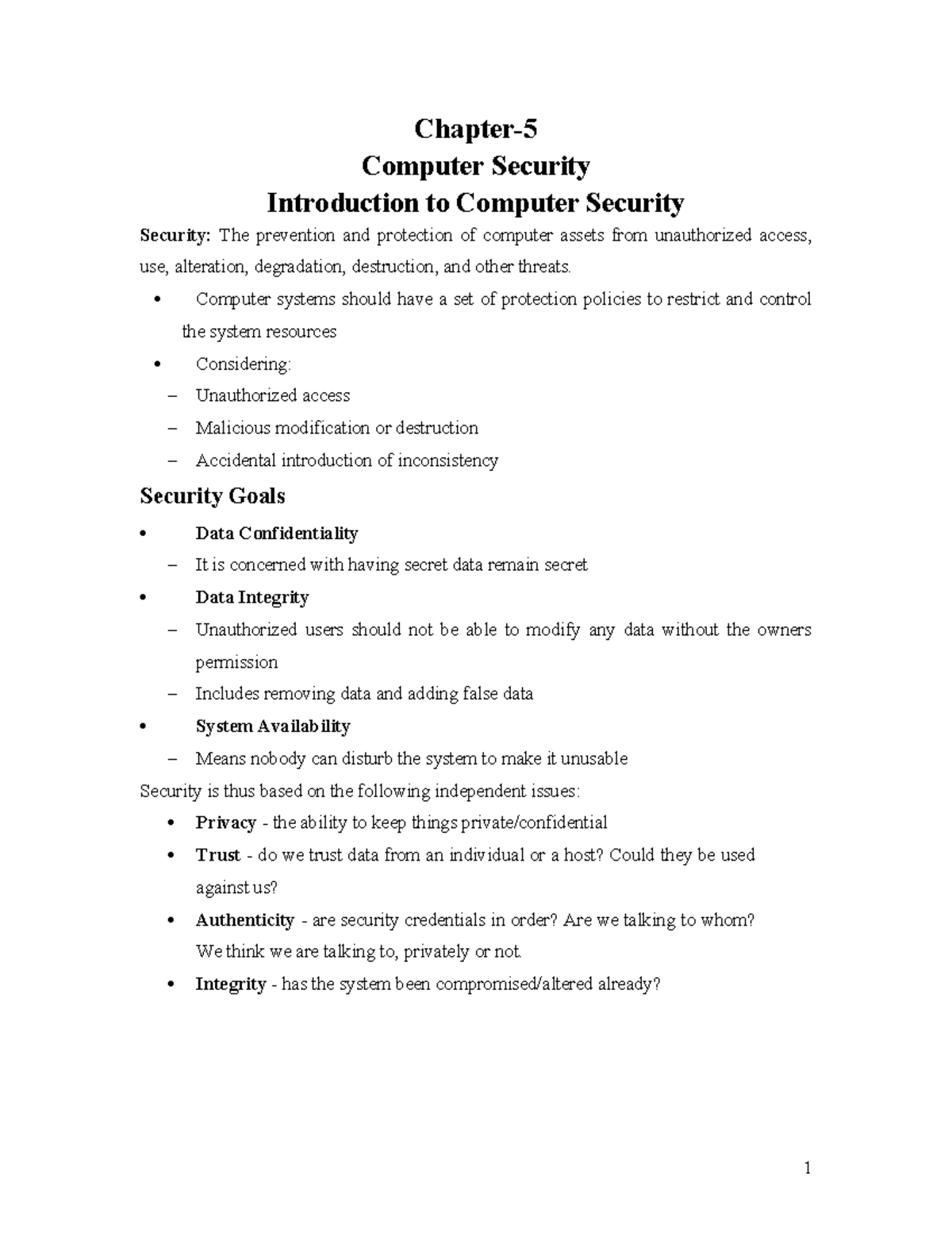Chapt-5: Intro to Computer Security and Threats Analysis - Studocu
