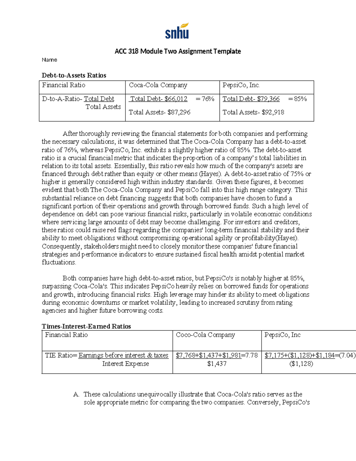 ACC 318 Module Two Ratios - ACC 318 Module Two Assignment Template Name ...