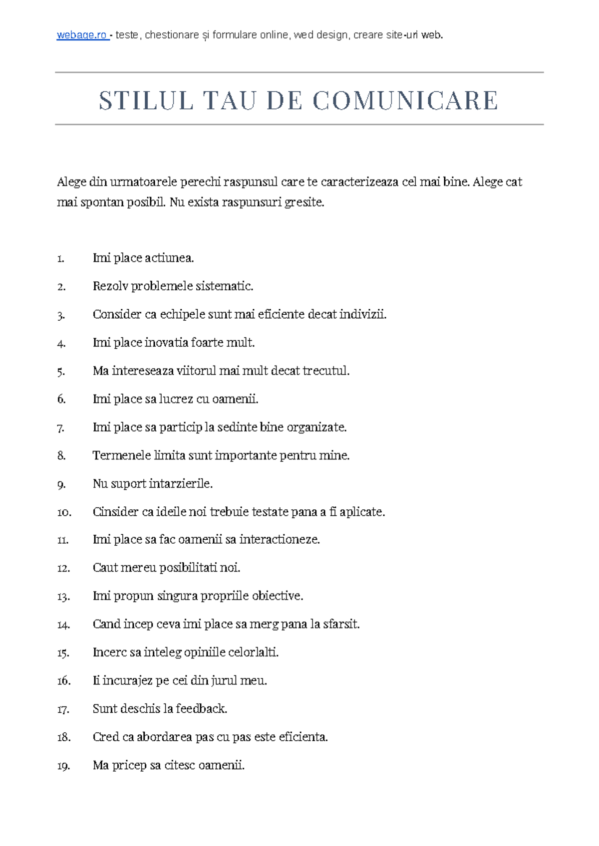 Chestionar Stil de Comunicare - webage.ro Teste și Formulare Online ...