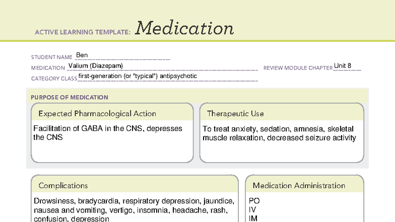 ACTIVE LEARNING TEMPLATE: Medication Review for Valium (Diazepam) - Studocu