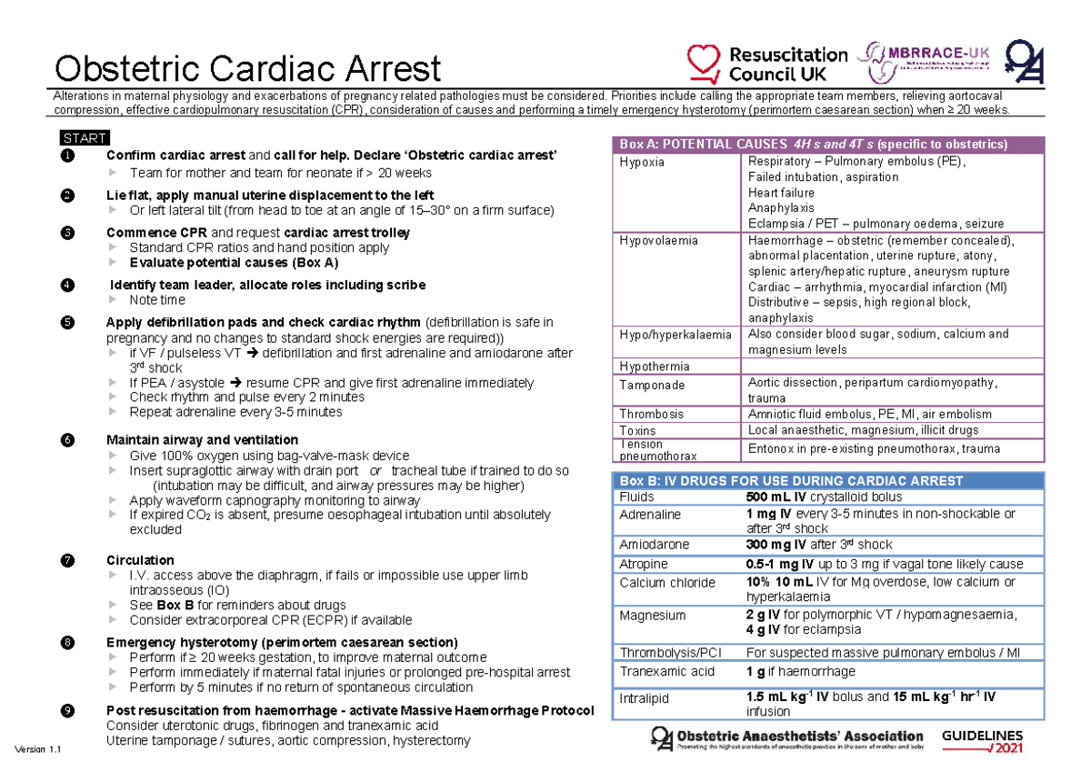 Maternal Cardiac Arrest Quick Reference Guide (QRH) OAA V1 - Studocu