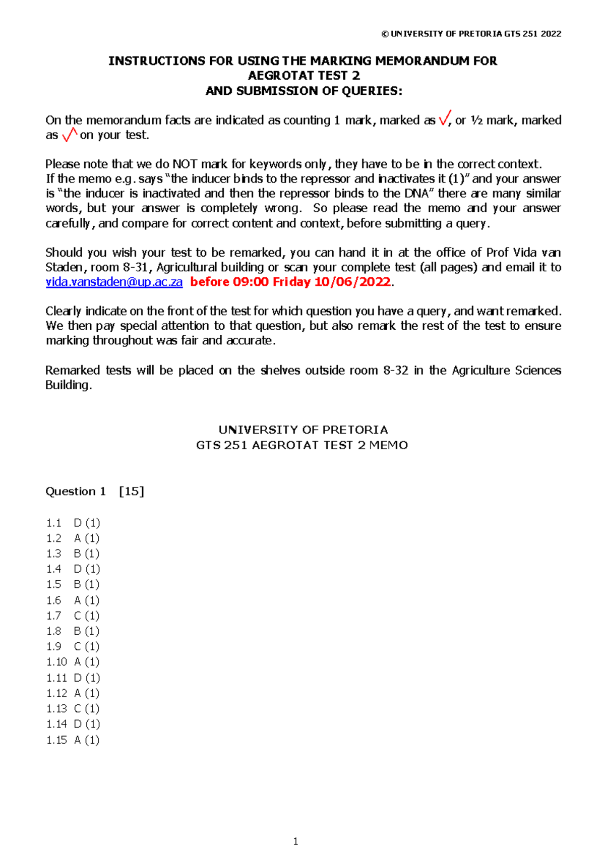 GTS 251 Sick Test 2 Memo 2022 & Remark instructions - INSTRUCTIONS FOR ...