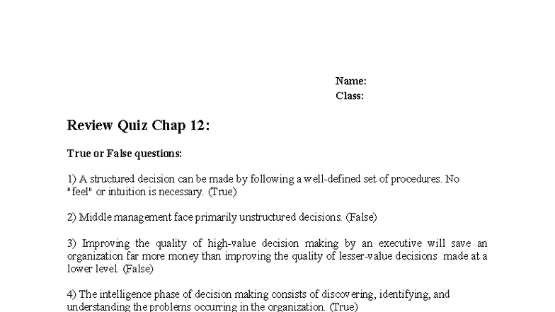 MIS - Quiz Week 8: True/False & Multiple Choice on Decision Making ...