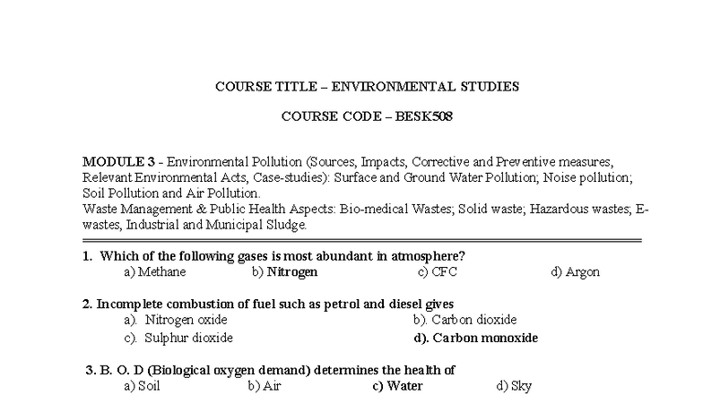 BESK508 Module 3: MCQs on Environmental Pollution and Waste Management ...