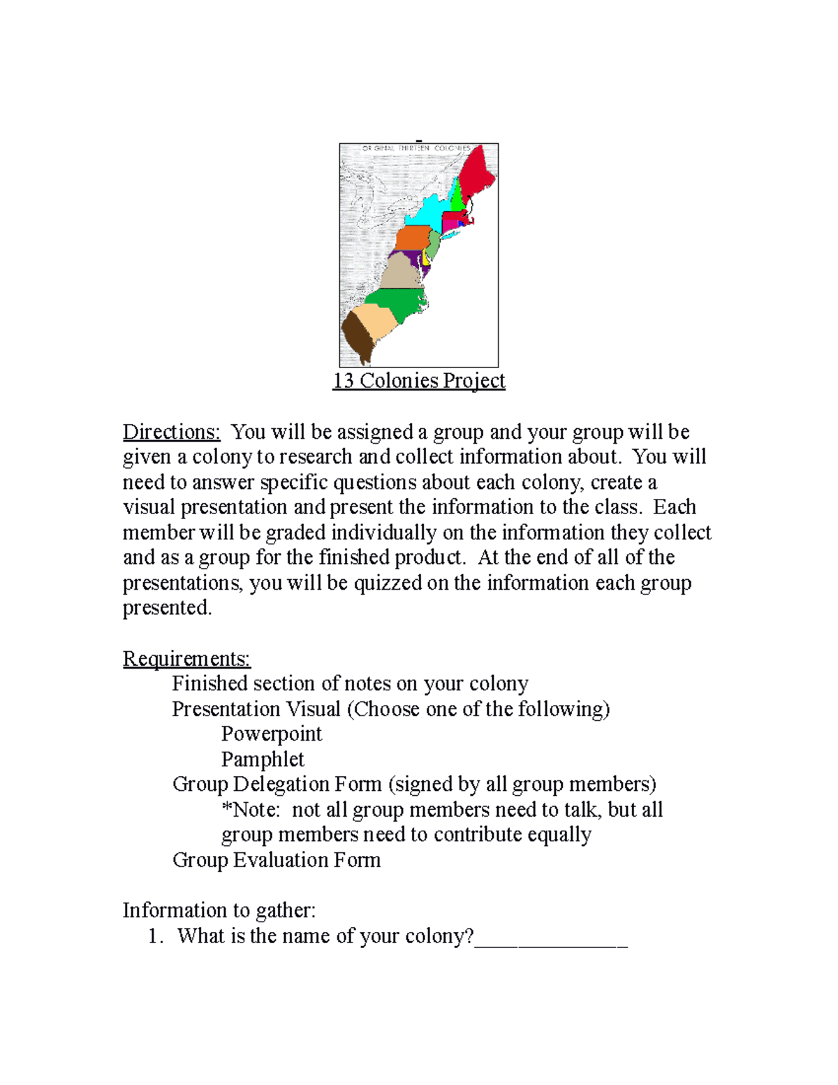 13Colonies Project - 13 Colonies Project Directions: You will be ...