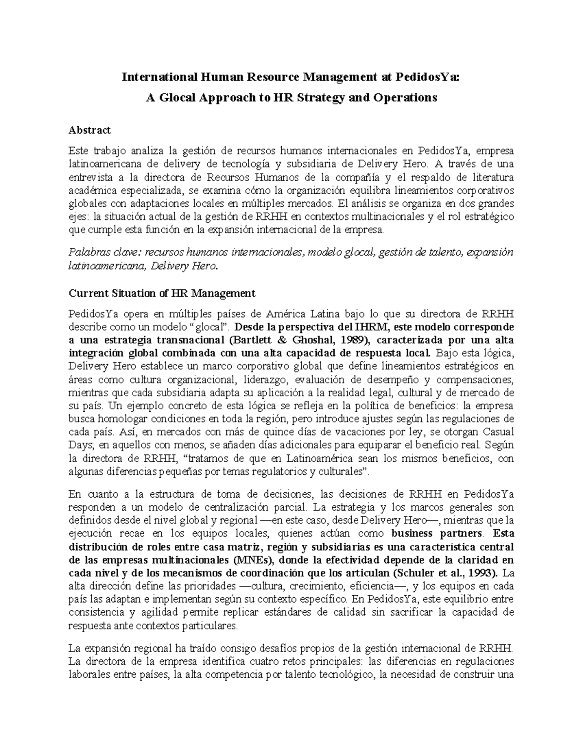 IHRM Strategies at PedidosYa: A Glocal Approach to HR Management - Studocu