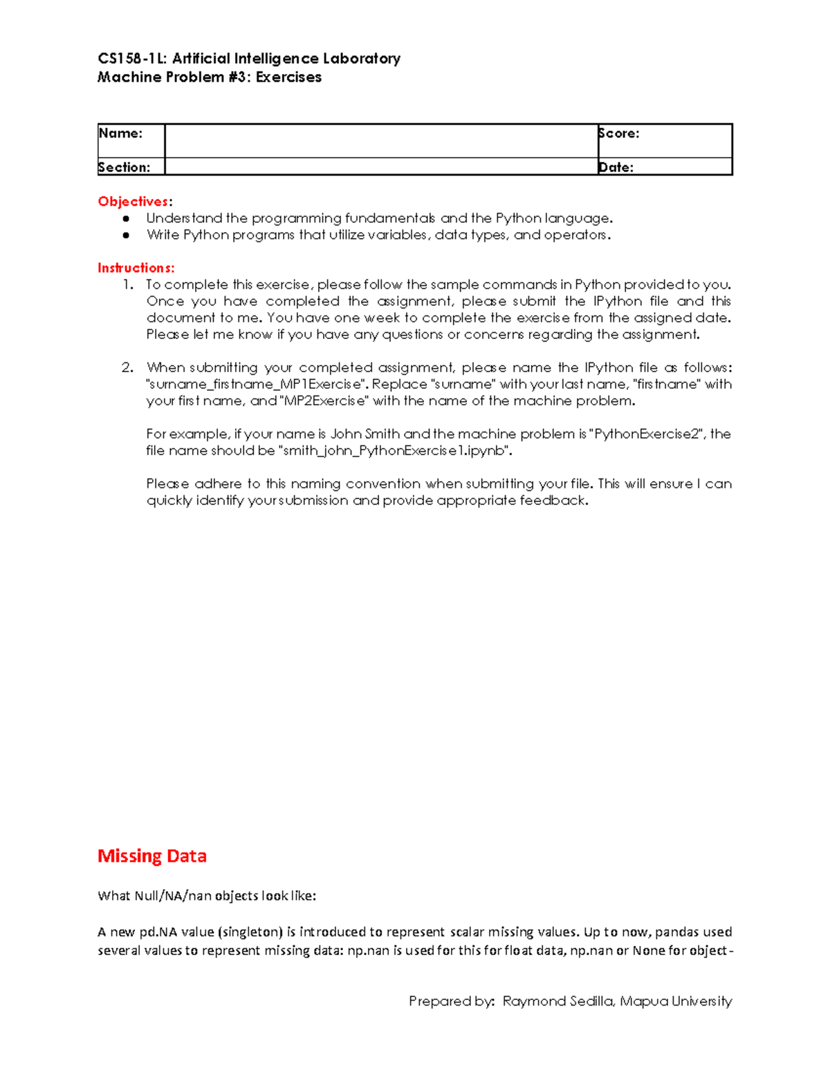Week3Exercise 04Missing Data - Machine Problem # 3 : Exercises Name ...