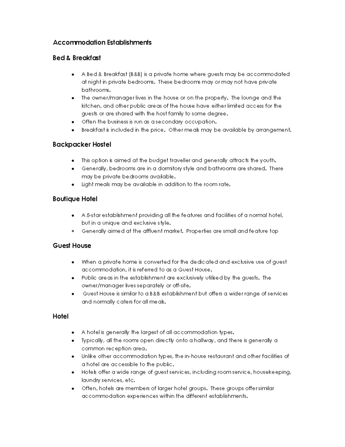 Accommodation Establishments: Types of Lodging Explained - Studocu