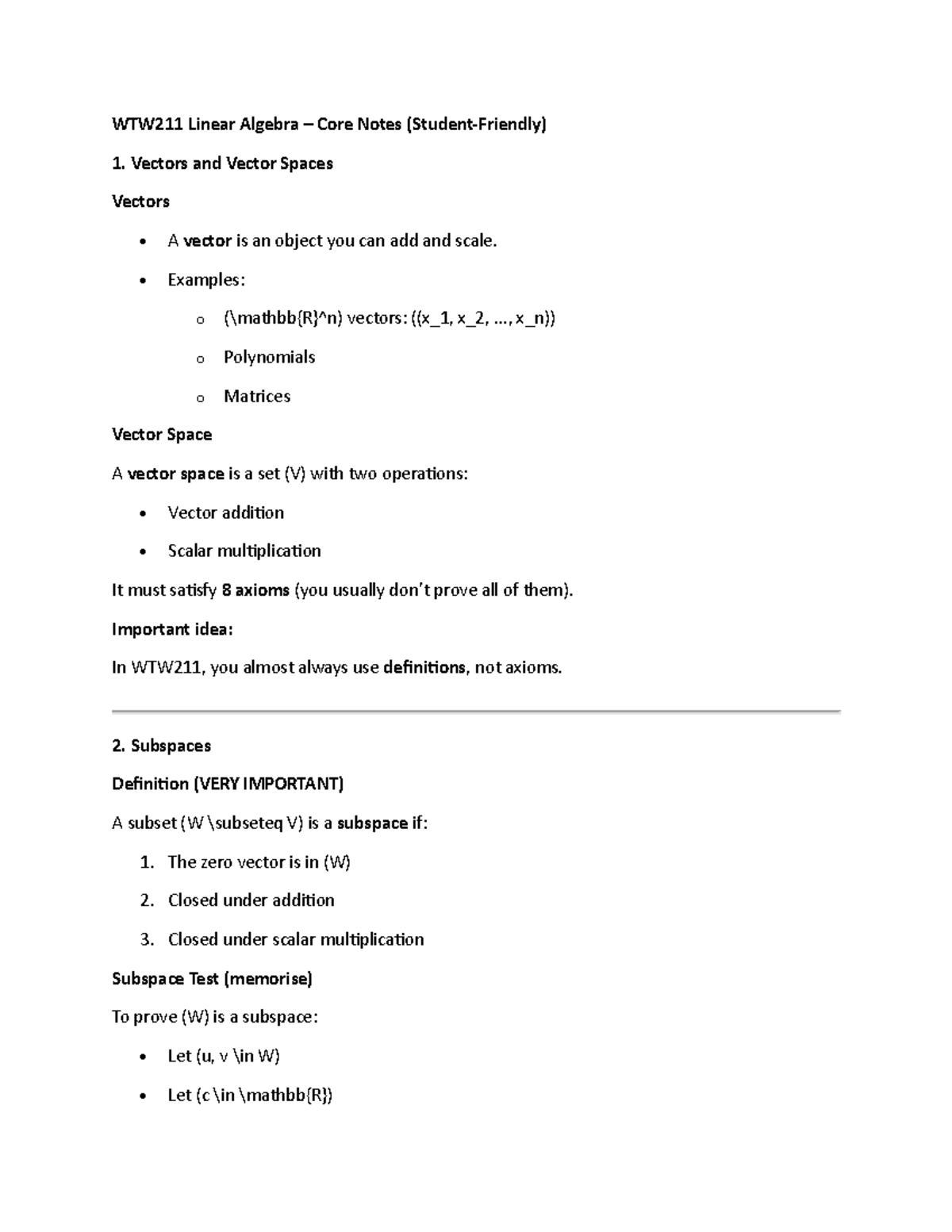 WTW211 Linear Algebra Core Notes: Vectors & Vector Spaces - Studocu