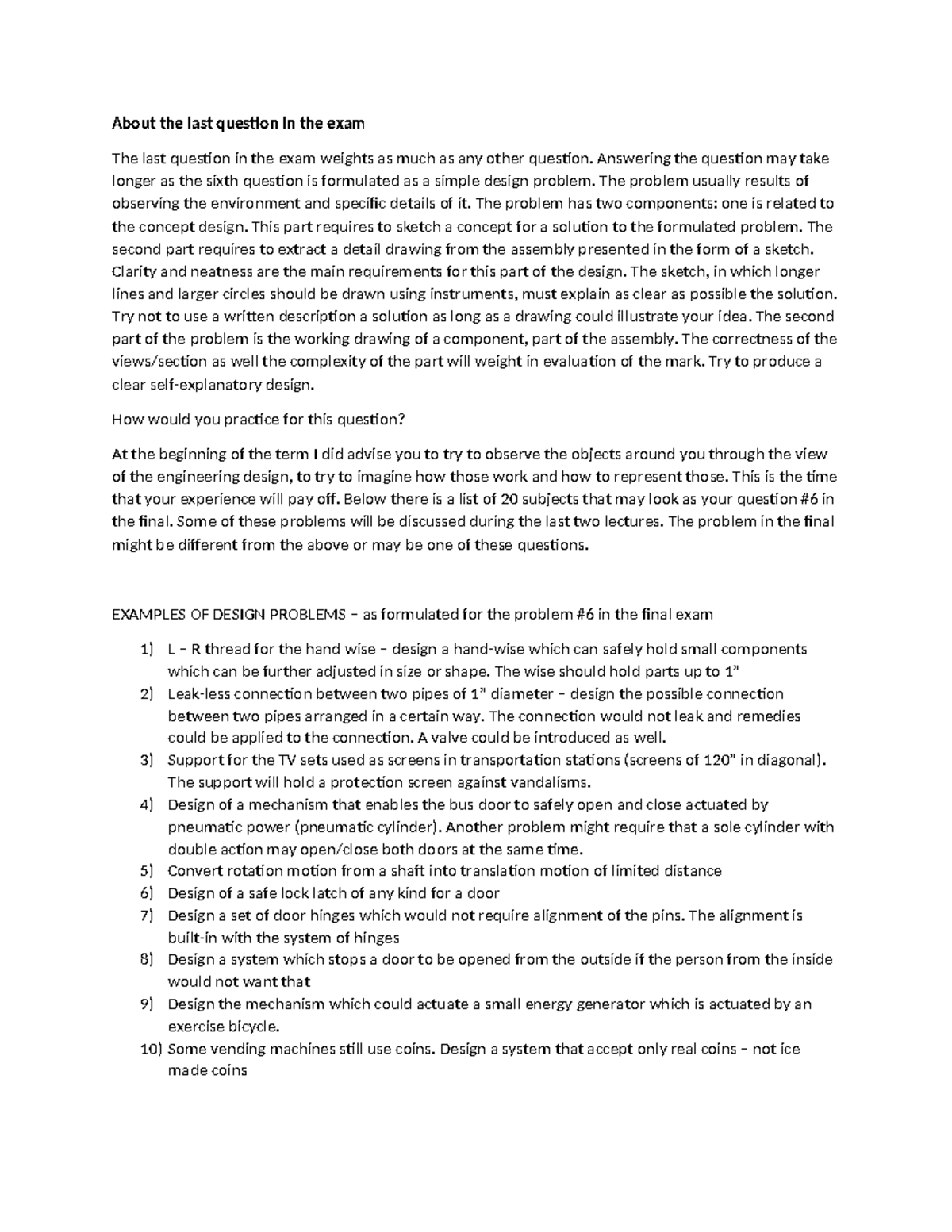 Final Exam Design Problems Overview for Course Code: ENG101 - Studocu