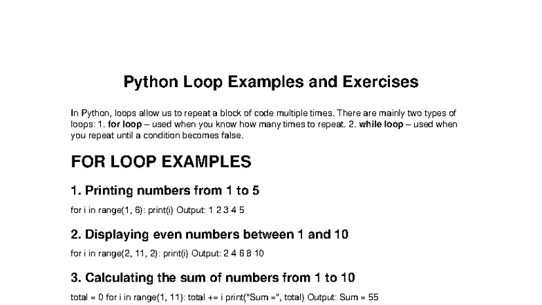 Python Loop Examples & Exercises: For & While Loops - Studocu