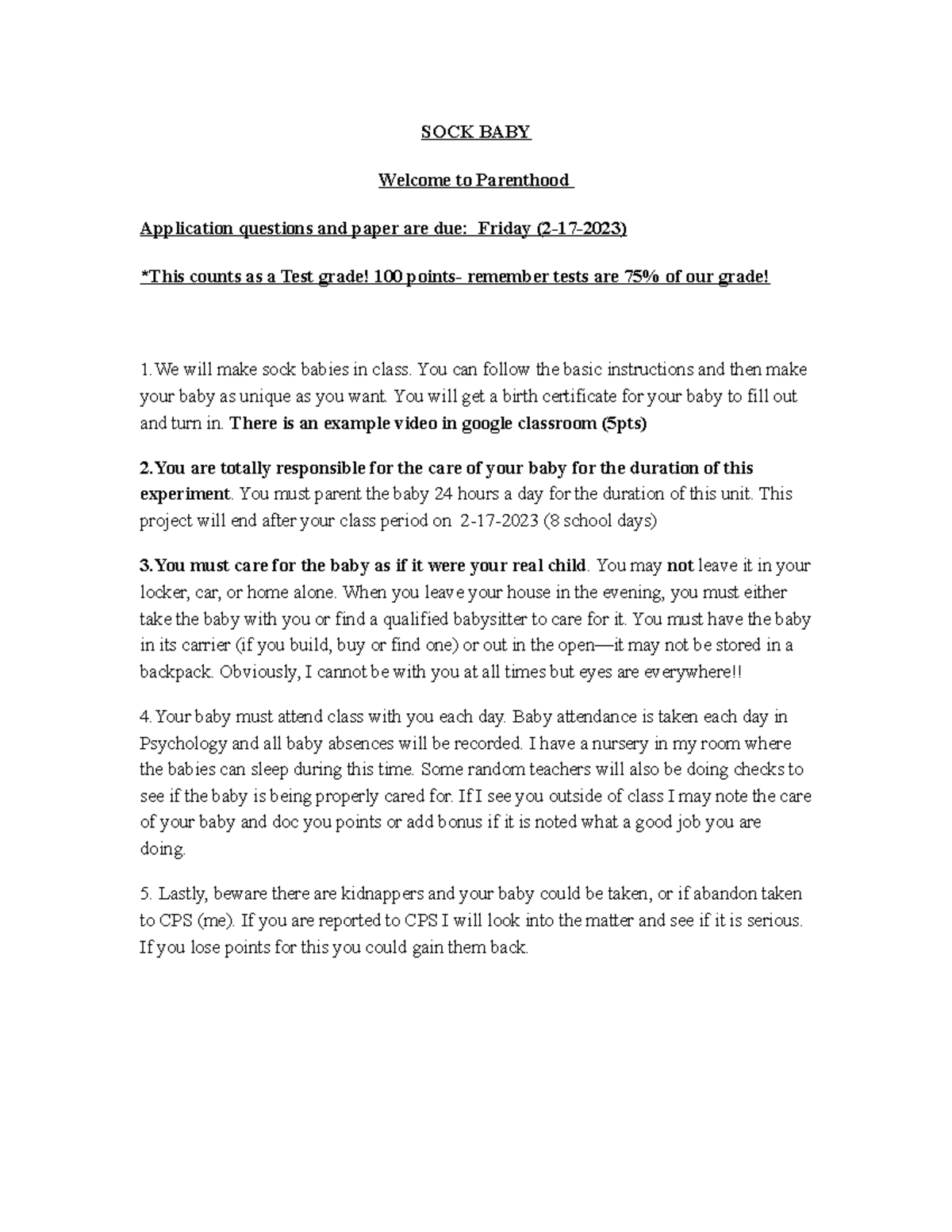 SOCK BABY Project - Parenting Simulation for AP Psychology Class - Studocu