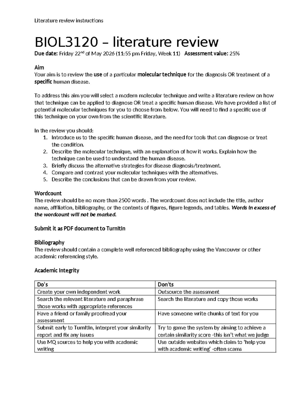 BIOL3120 Literature Review Guidelines and Assessment Rubric 2026 - Studocu