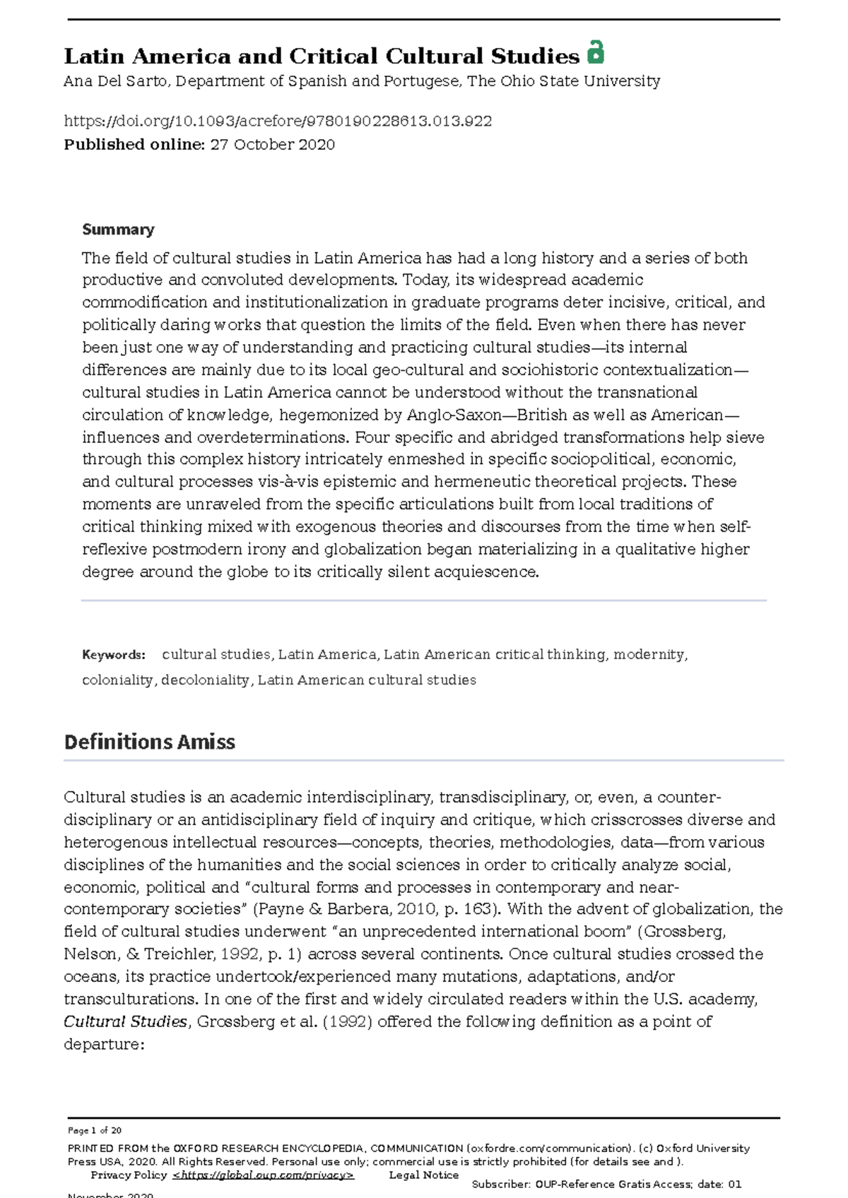 Cultural Studies in Latin America: A Critical Overview (SP 101) - Studocu