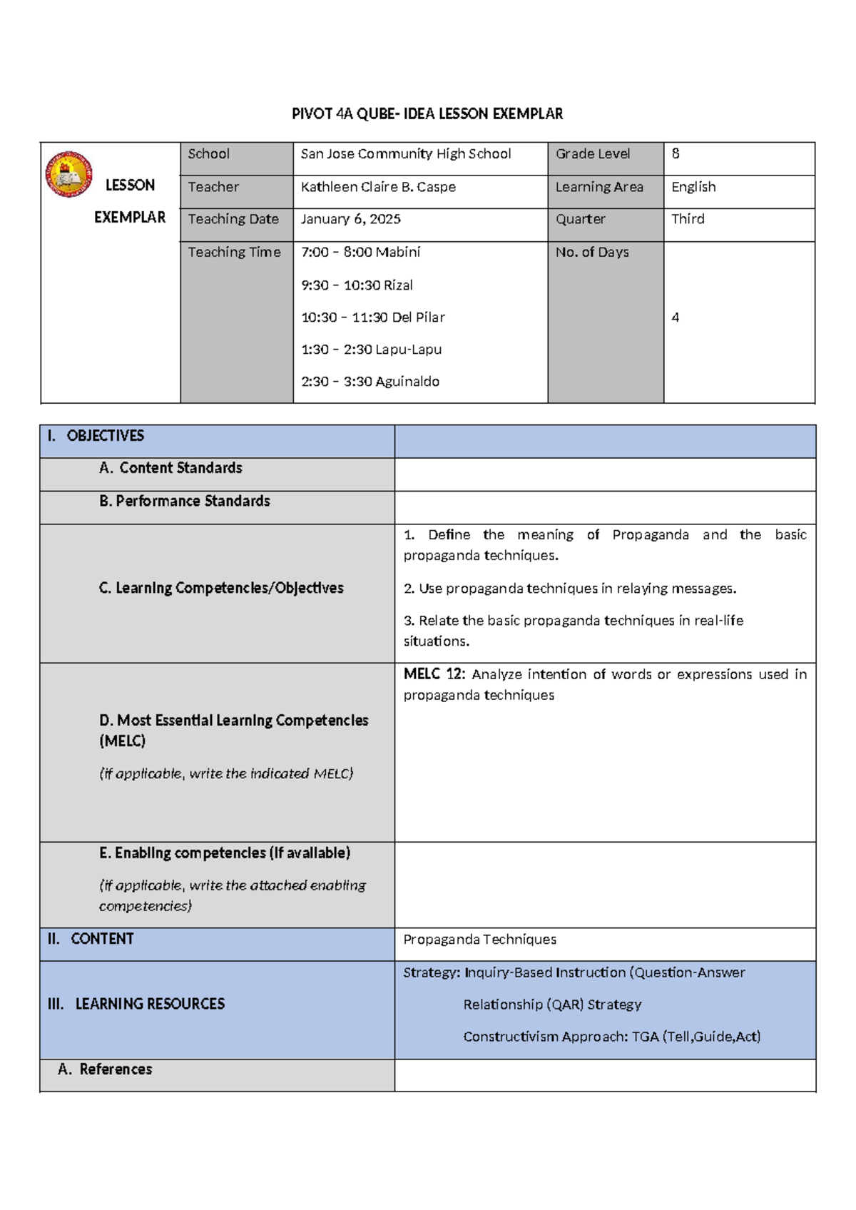 LP 010625 - Lesson Plan - PIVOT 4A QUBE- IDEA LESSON EXEMPLAR LESSON ...