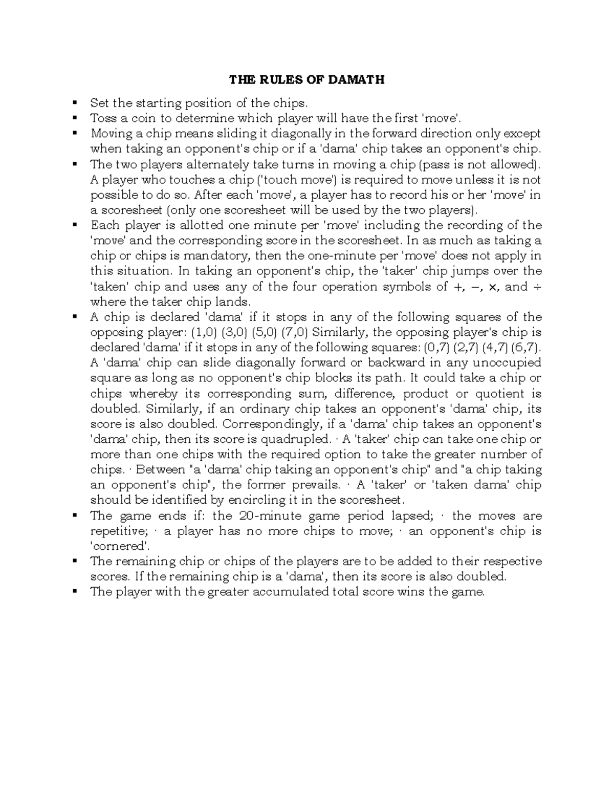 Rules of Damath: How to Play and Win Strategies - Studocu