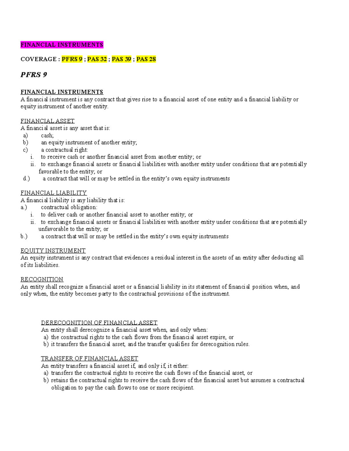 PFRS 9, PAS 32, PAS 39 & PAS 28 Financial Instruments Overview Notes ...