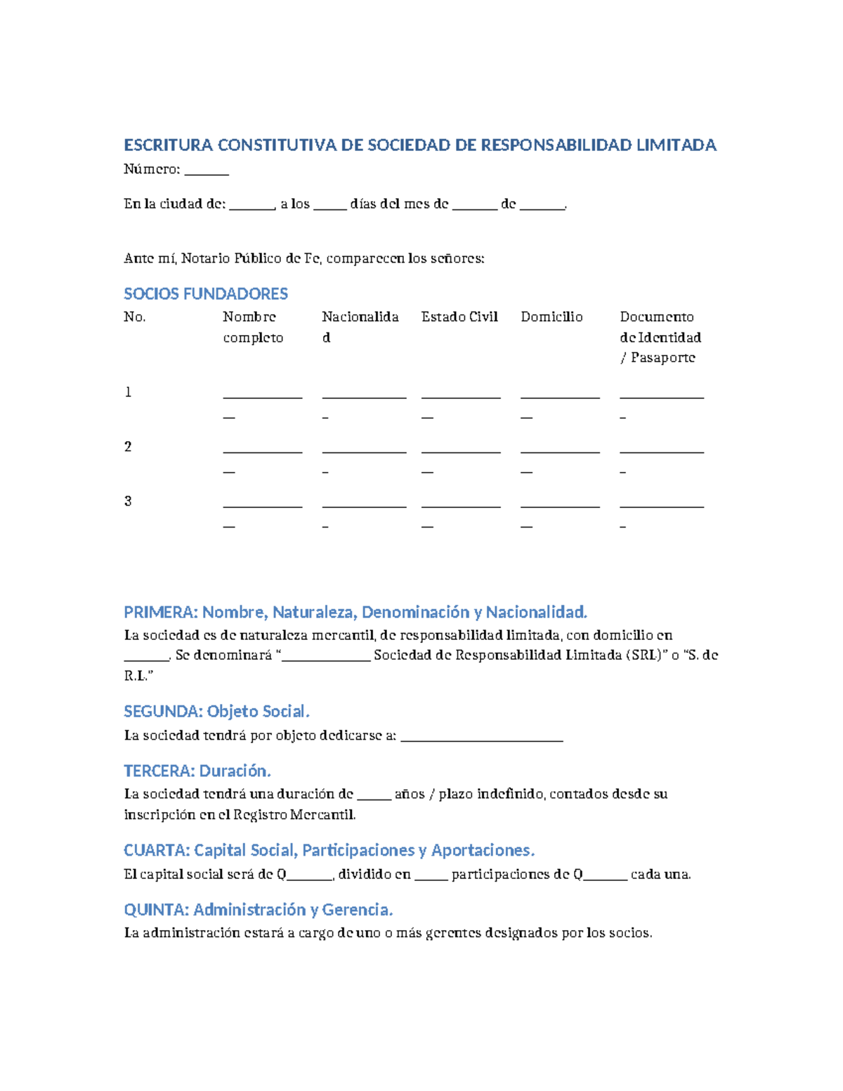 Escritura Constitutiva de Sociedad de Responsabilidad Limitada - SRL Guatemala - Studocu