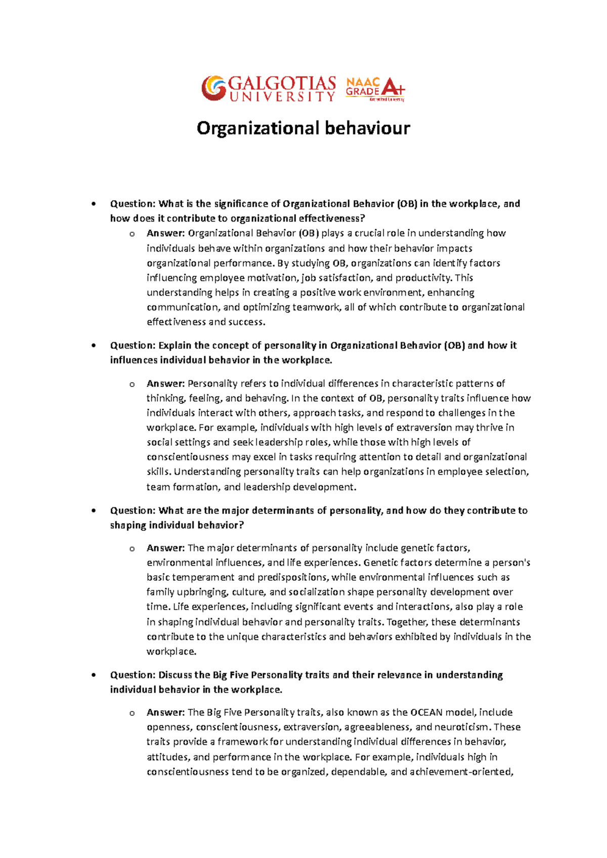 Organizational Behavior Exam Questions and Insights (OB 101) - Studocu