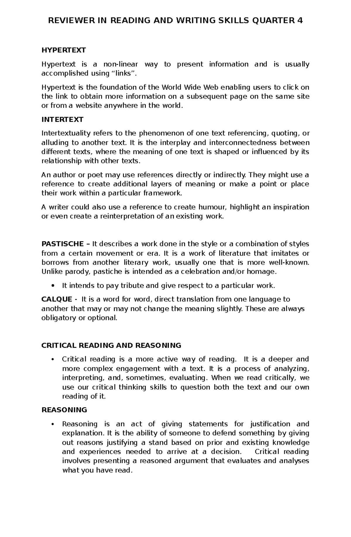 Reviewer IN RWS Q4 - REVIEWER IN READING AND WRITING SKILLS QUARTER 4 ...