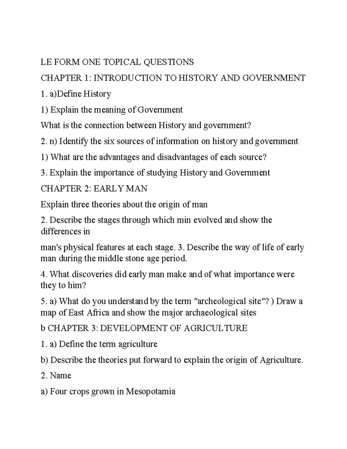 History FORM ONE Topical Questions: Key Themes and Insights - Studocu