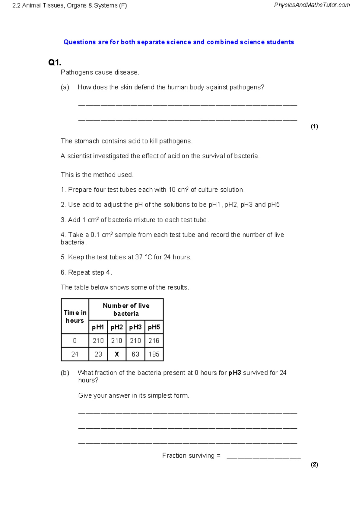 2.2 Animal Tissues, Organs & Systems (F) Question Paper - Studocu