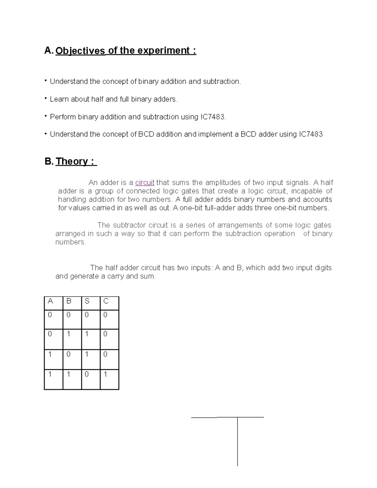 Lab5 - Lab 5 experiments - A. Objectives of the experiment : Understand the concept of binary ...