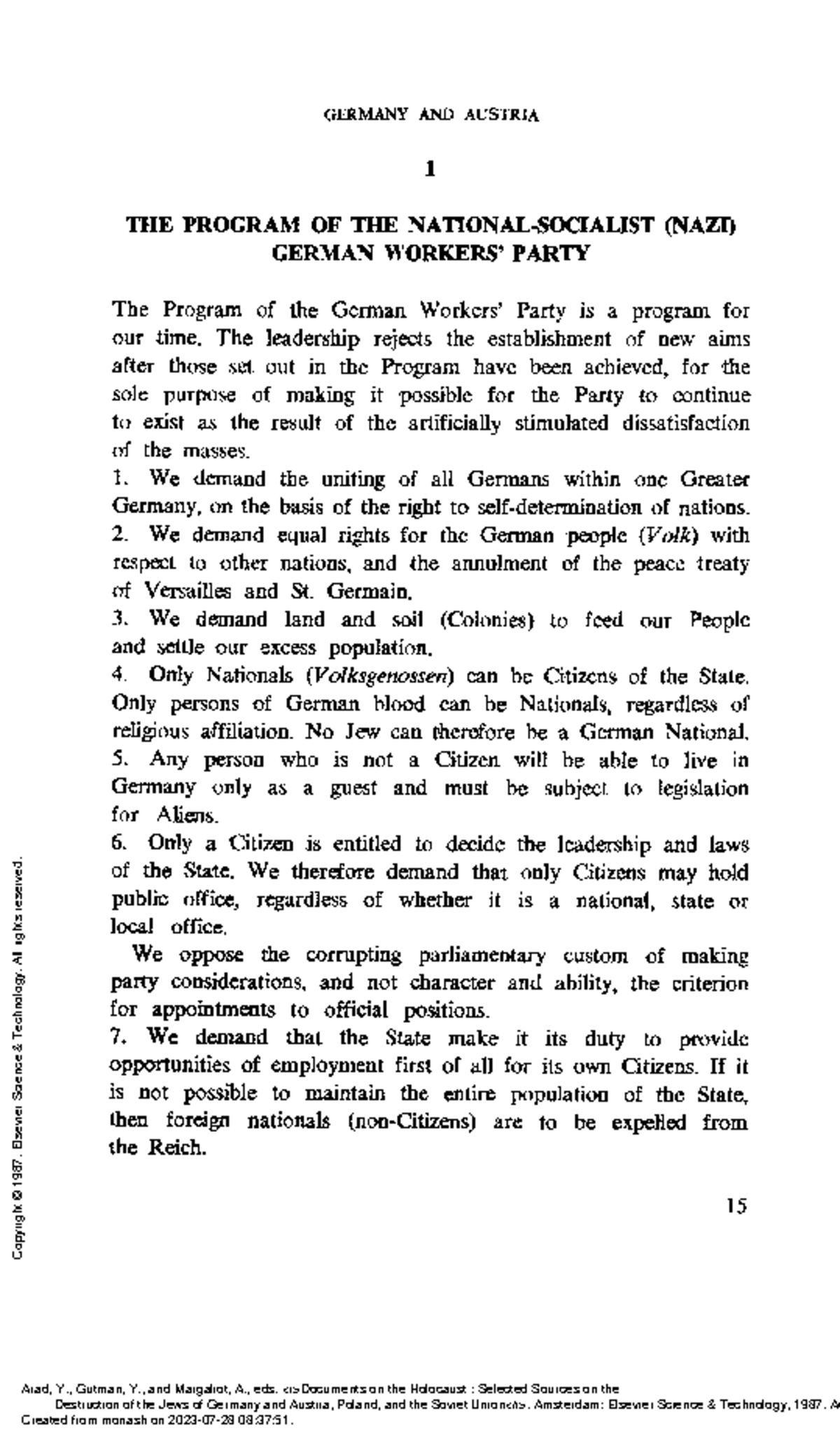 Nazi Party Program (GERMANY AND AUSTRIA 1) - Key Points and Demands ...