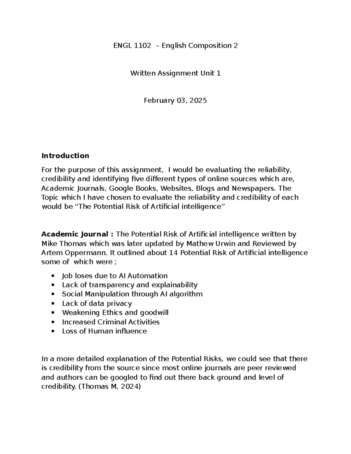 ENGL 1102 Written Assignment Unit 1 - ENGL 1102 – English Composition 2 Written Assignment Unit ...