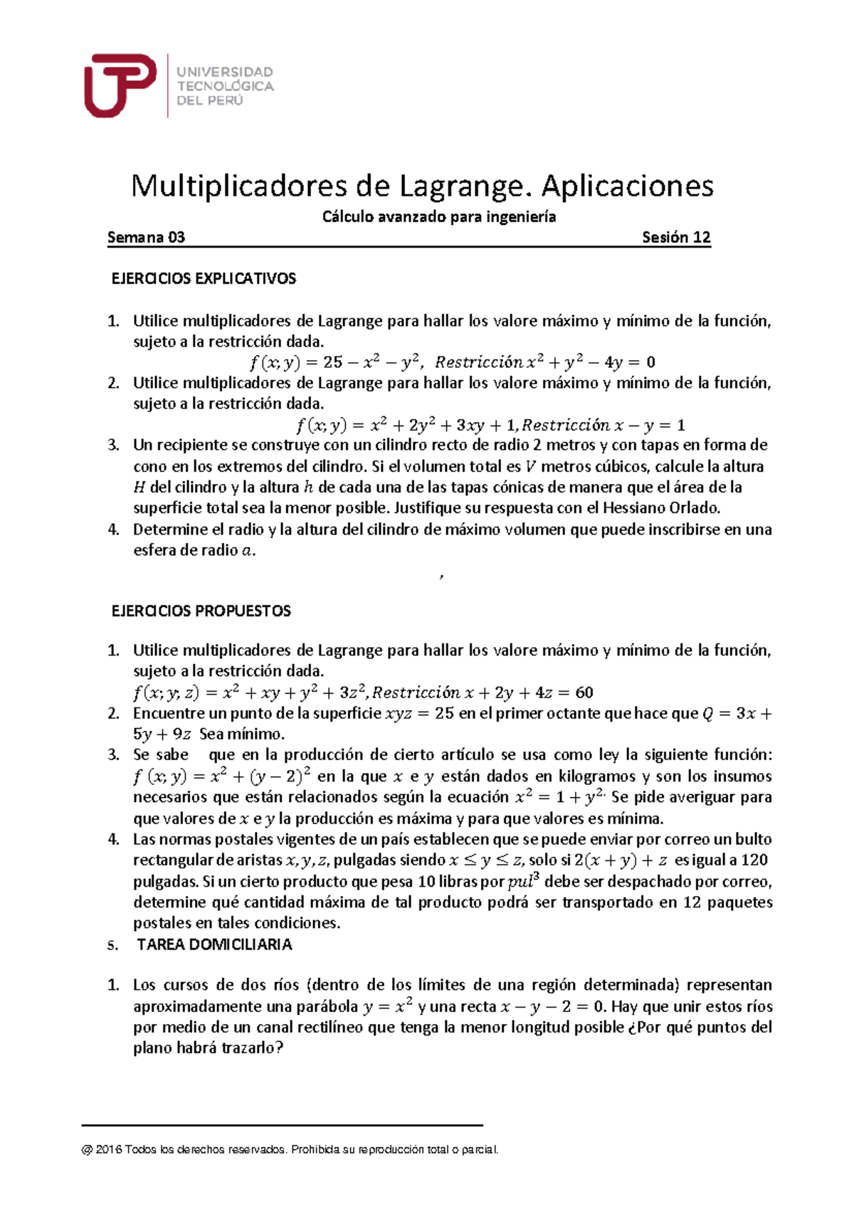 Ejercicios y Aplicaciones de Multiplicadores de Lagrange - Cálculo Avanzado - Studocu