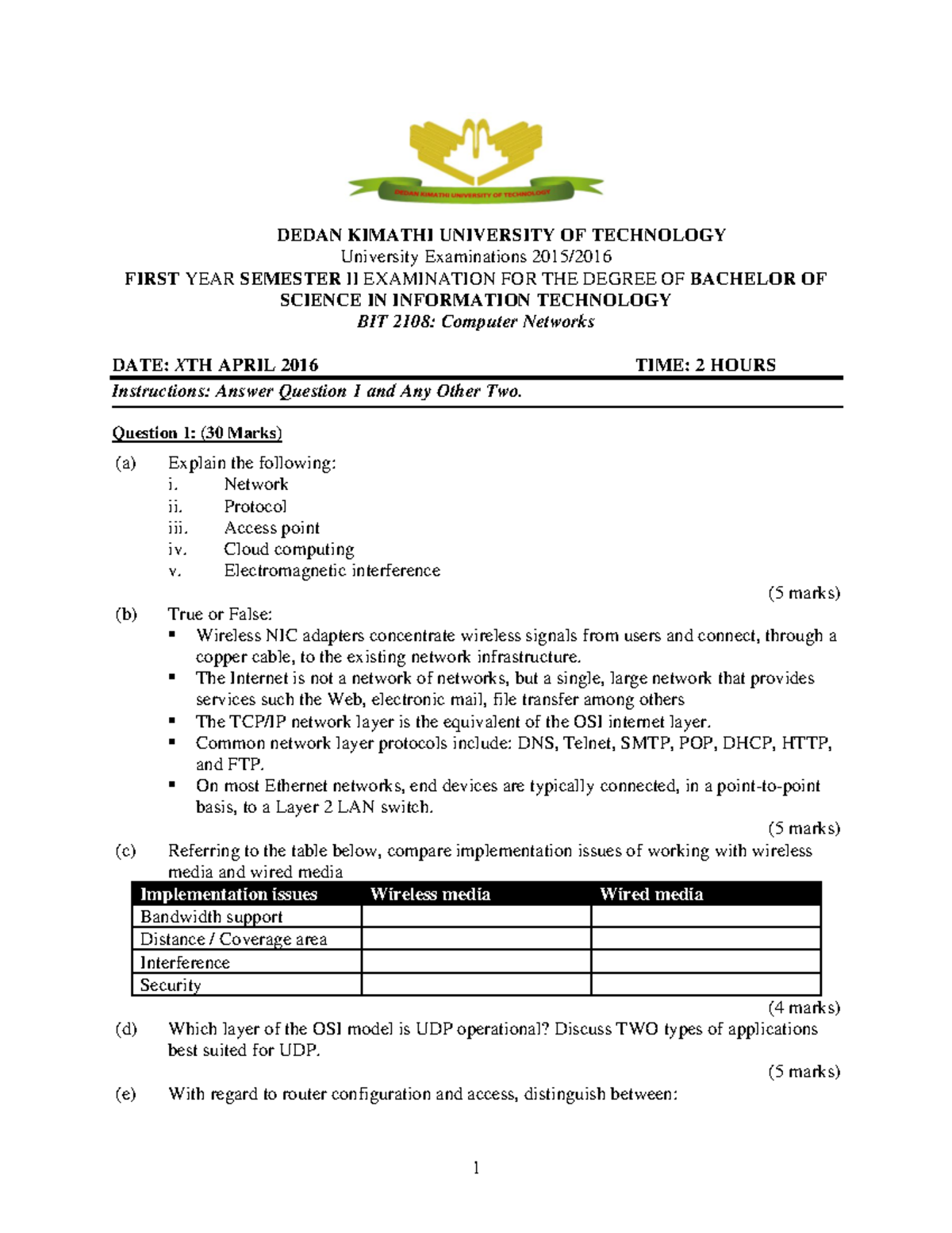 Computer Networks - Sept 2016 - DEDAN KIMATHI UNIVERSITY OF TECHNOLOGY ...