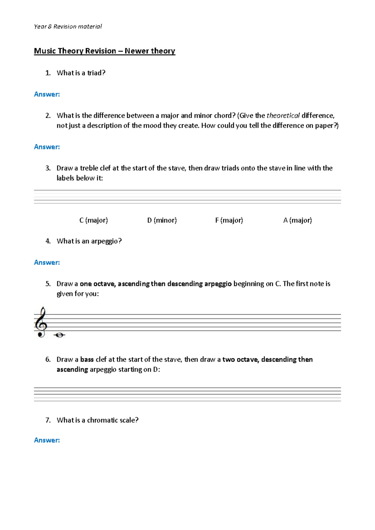 Year 8 Music Theory Revision Exercise: Triads, Chords, and Scales - Studocu