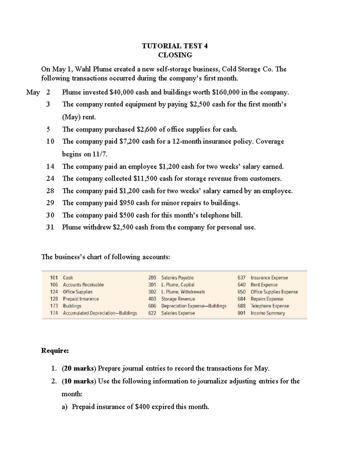 Tutorial Test 4: Journal Entries and Adjustments for Cold Storage Co ...