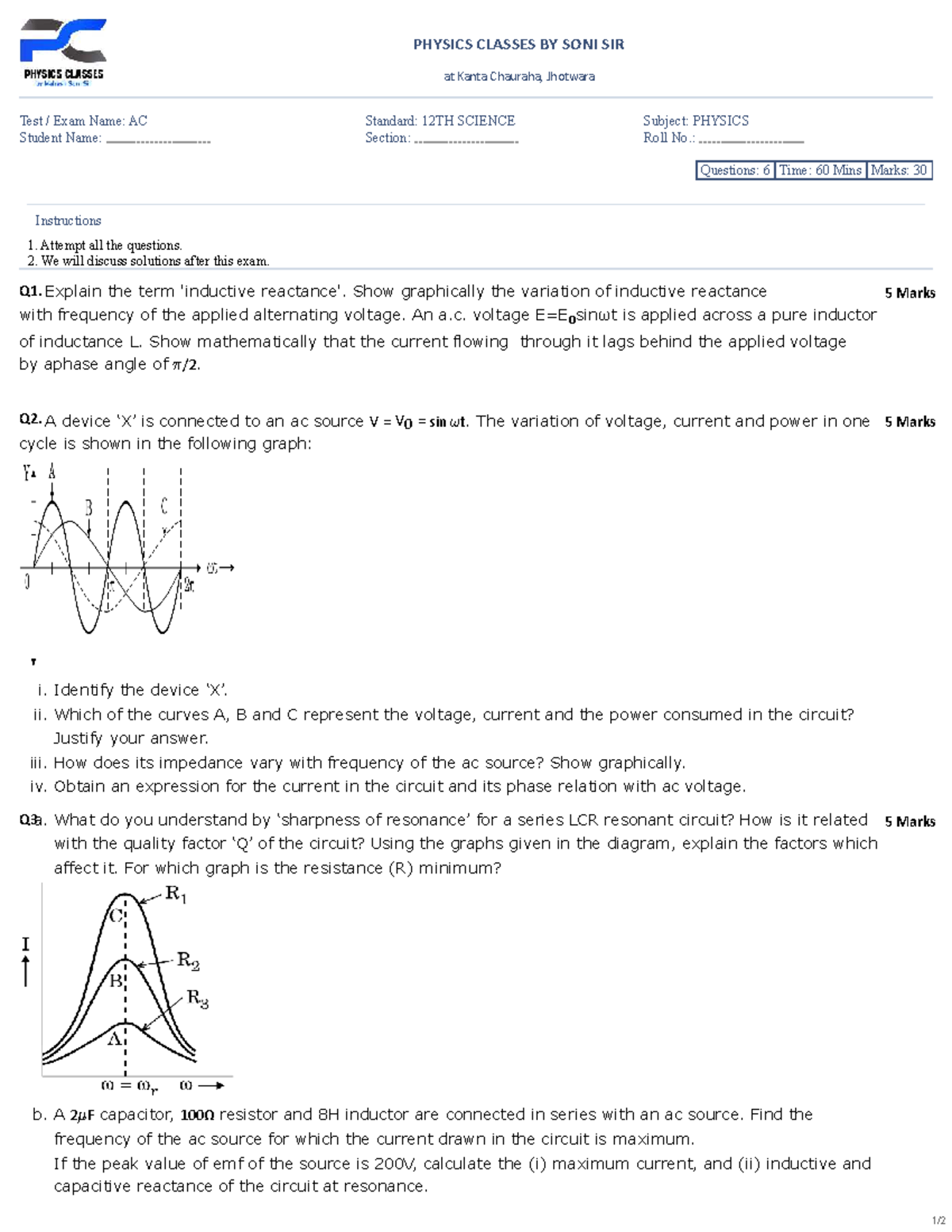 AC-12TH Science: Physics Test Exam Notes by Soni Sir - Studocu