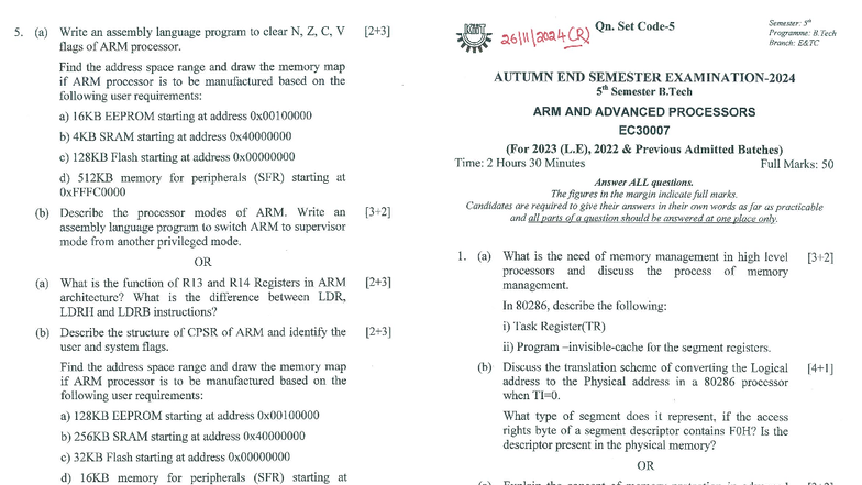 5th Sem End Semester Exam: ARM & Advanced Processors (EC30007) - Studocu