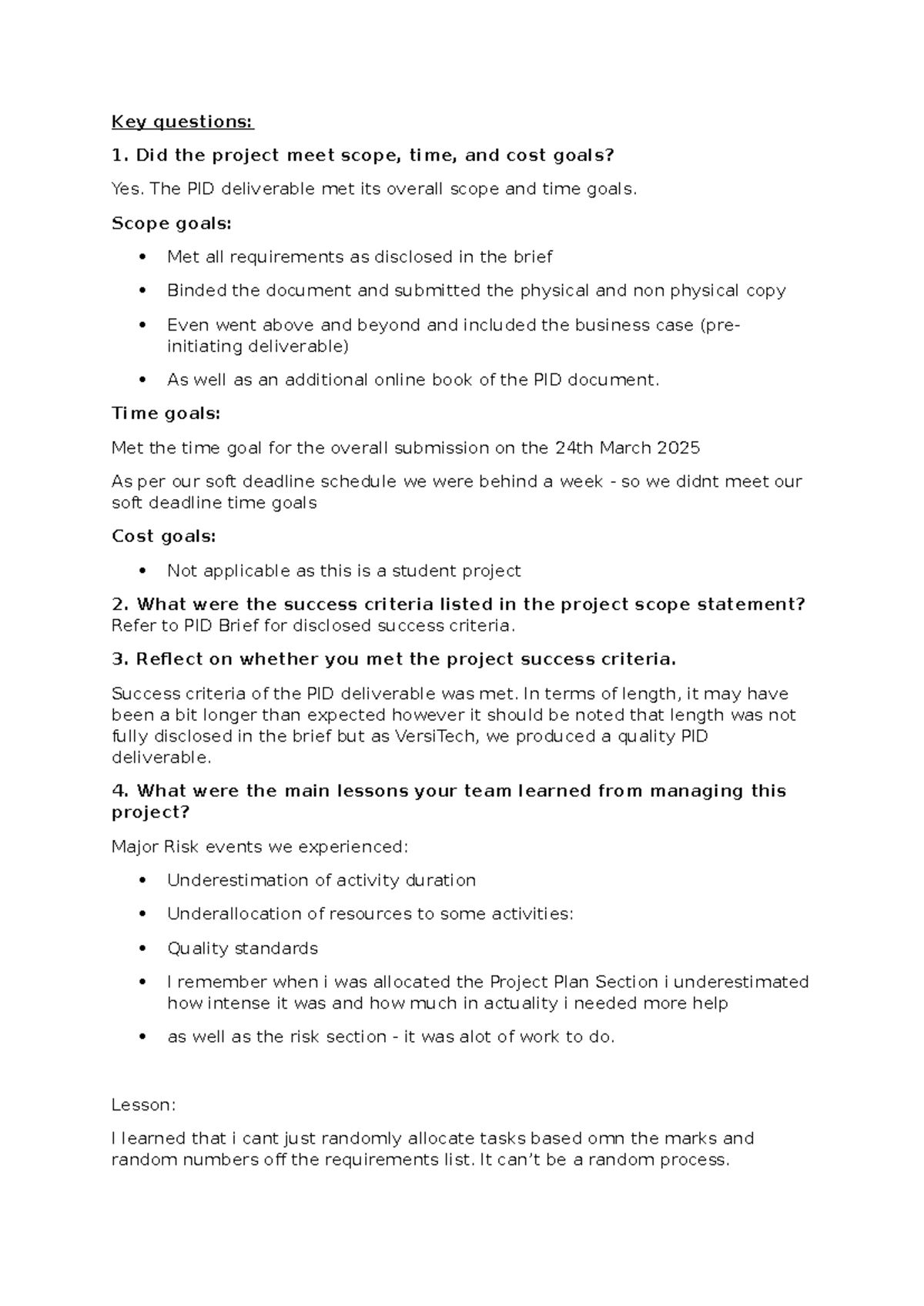 Key Questions: Project Evaluation & Lessons Learned - IS 3 - Studocu