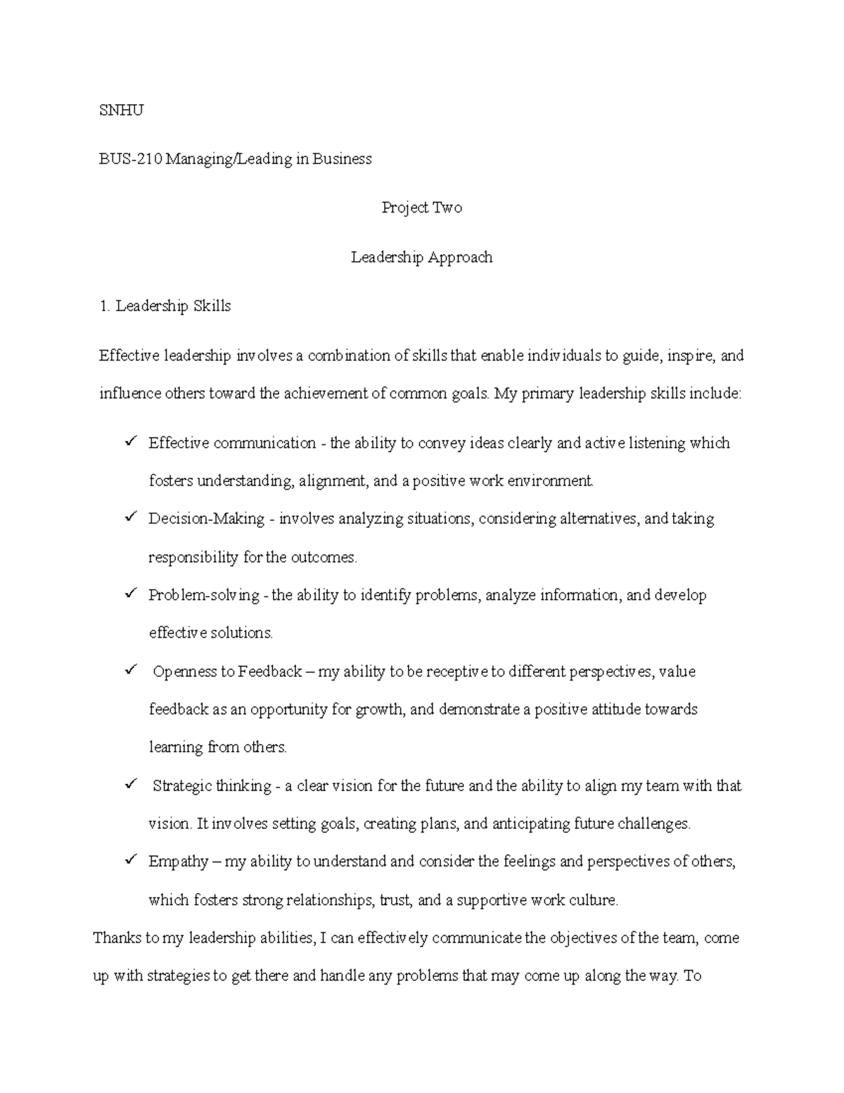 BUS-210 Project Two: Leadership Skills and Approaches in Business - Studocu