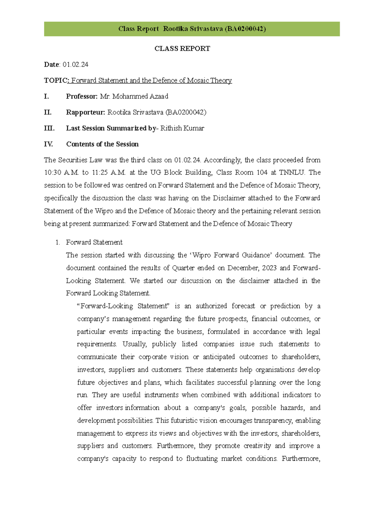 Class Reports- BA02000 42 - CLASS REPORT Date: 01. TOPIC: Forward ...
