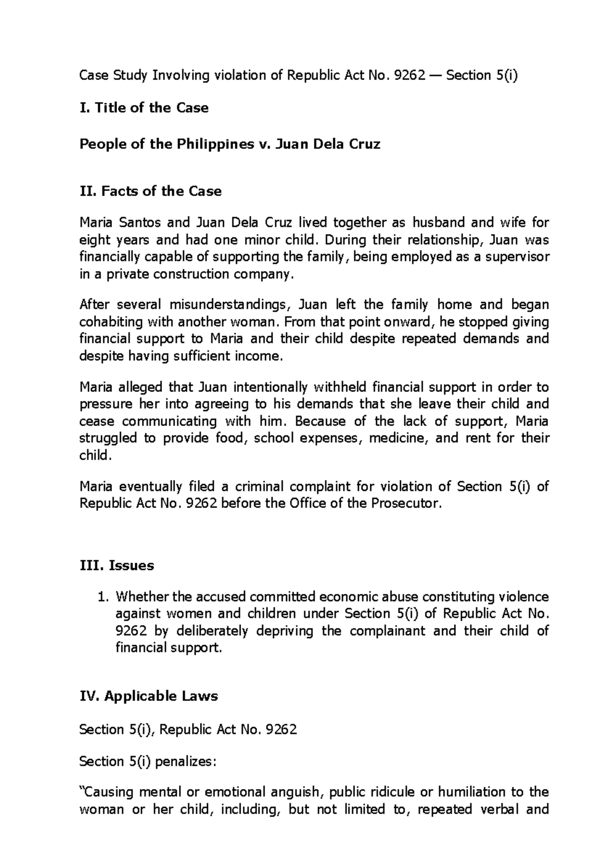Case Study: Economic Abuse under RA 9262 - People v. Dela Cruz - Studocu