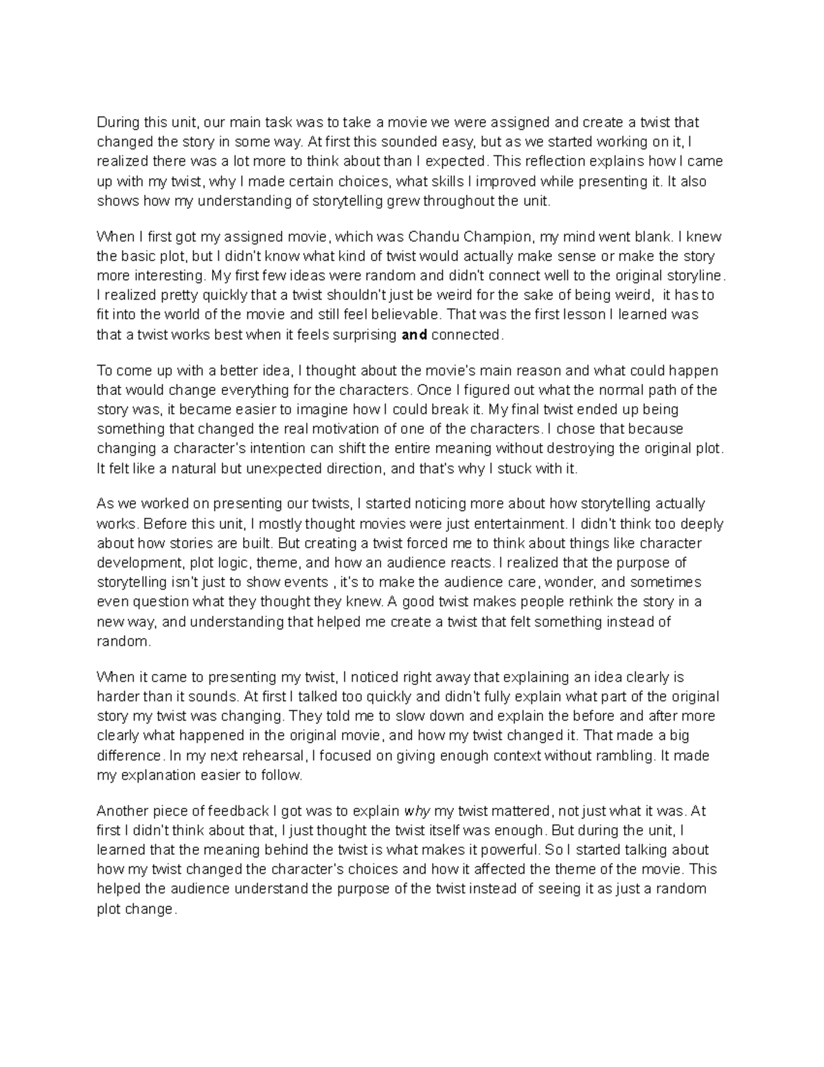 Drama 101: Reflection on Creating a Story Twist - Studocu