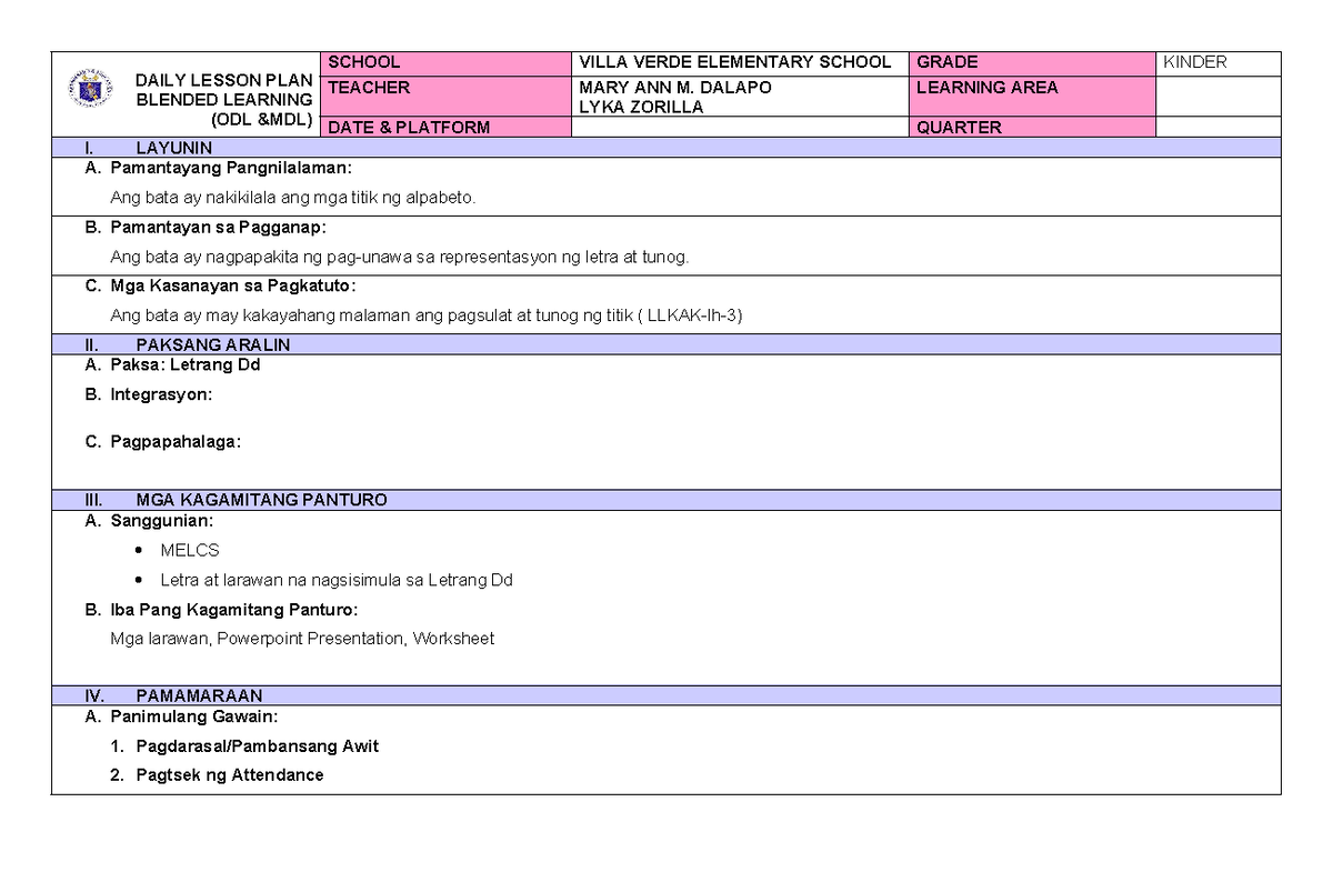 Kinder-SEMI-Detailed-Lesson-Plan-Letrang-Dd-Grade-Kinder - Studocu