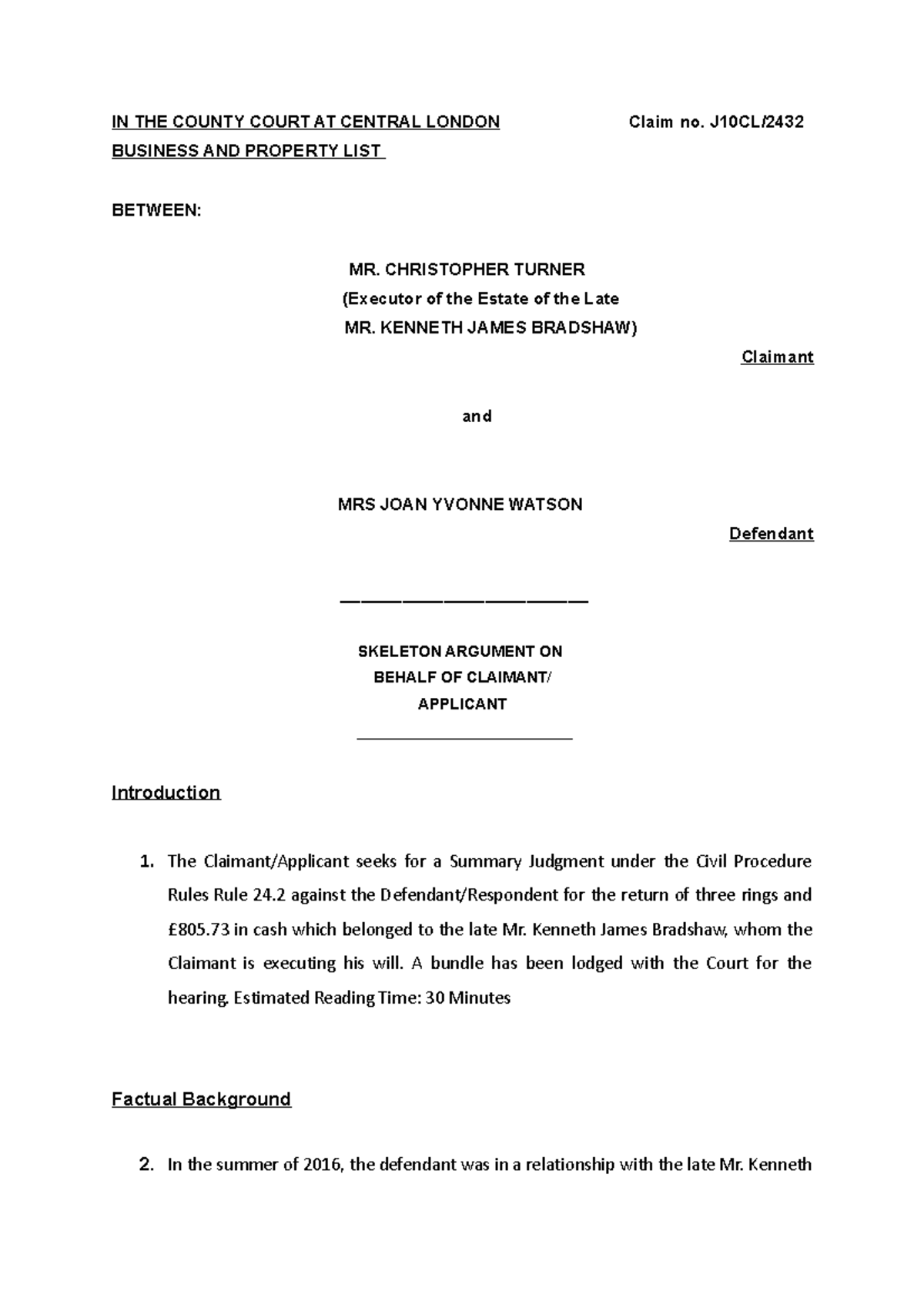 Skeleton Argument for Summary Judgment in Turner v. Watson Case - Studocu