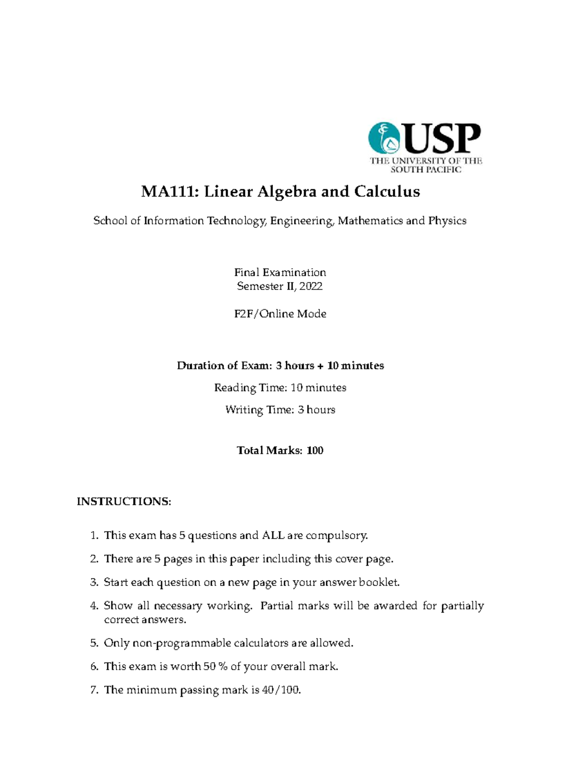 S2 2022 Linear Algebra & Calculus Final Exam Summary - Studocu