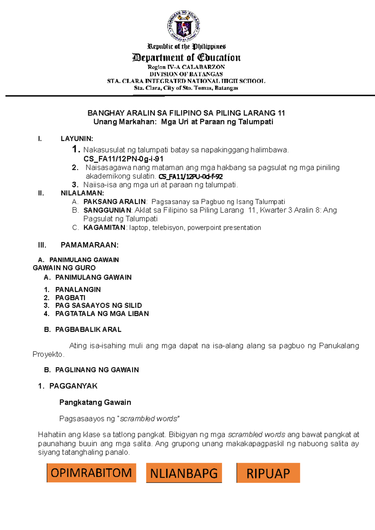 Banghay Aralin SA Filipino SA Piling Larang Talumpati 0 - BANGHAY ...