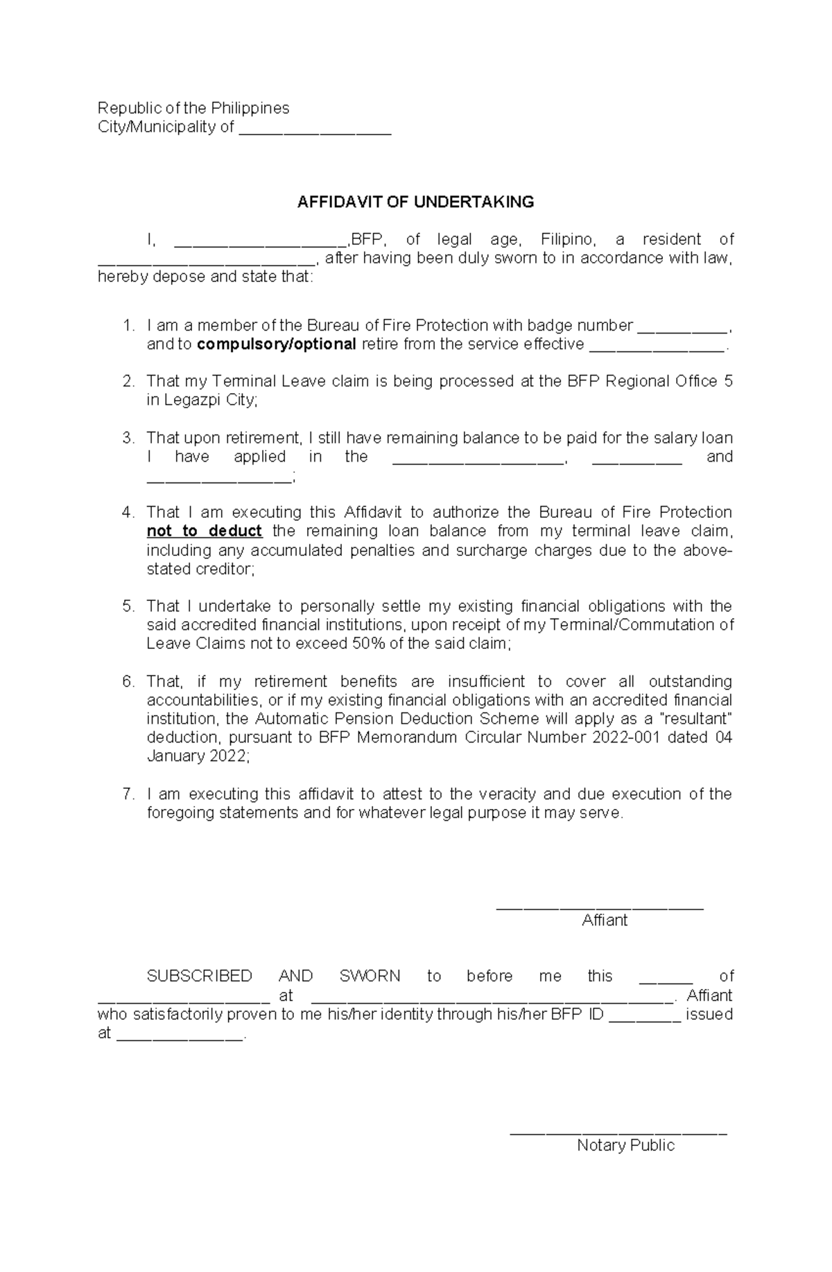 Affidavit of Undertaking for Loan Balance Settlement - Studocu