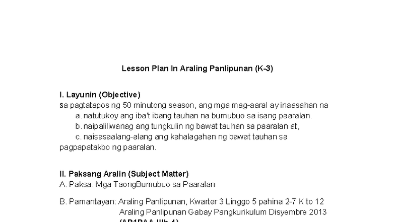 EED 6 Lesson Plan: Mga Tauhan sa Paaralan at Kanilang Tungkulin - Studocu